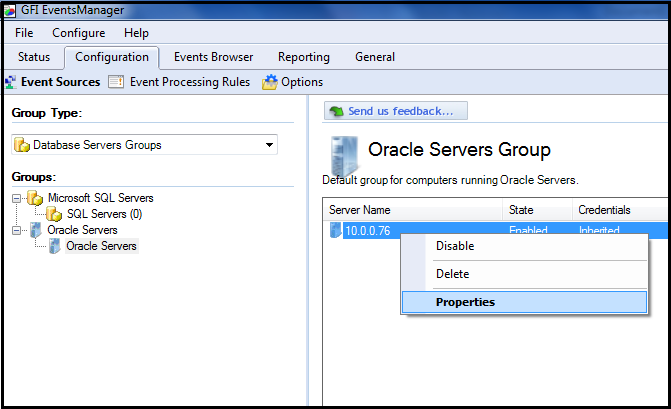 Monitoring the Oracle database with GFI Events Manager